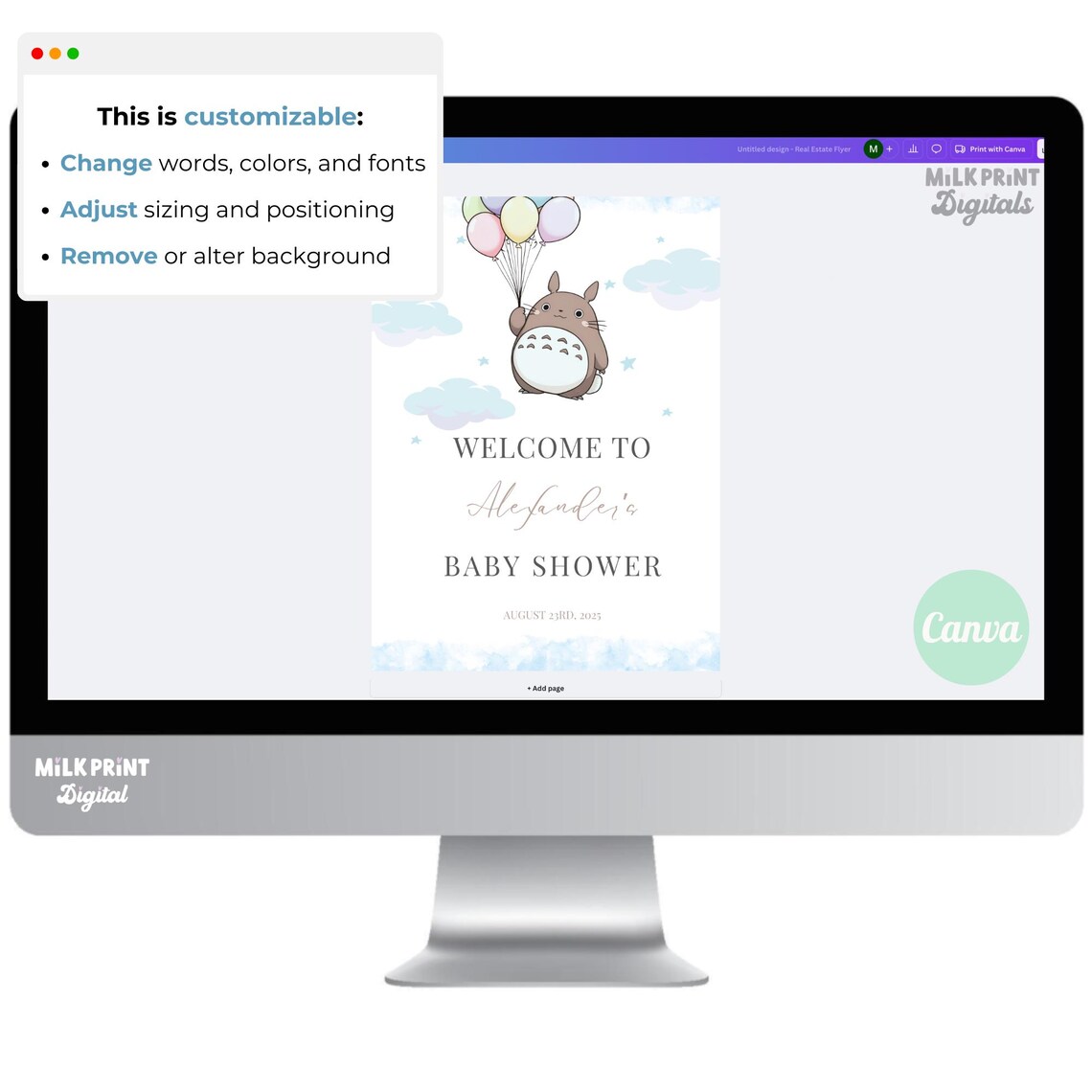 Editable Totoro Baby Shower Welcome Sign Blue Clouds Balloons Studio ...