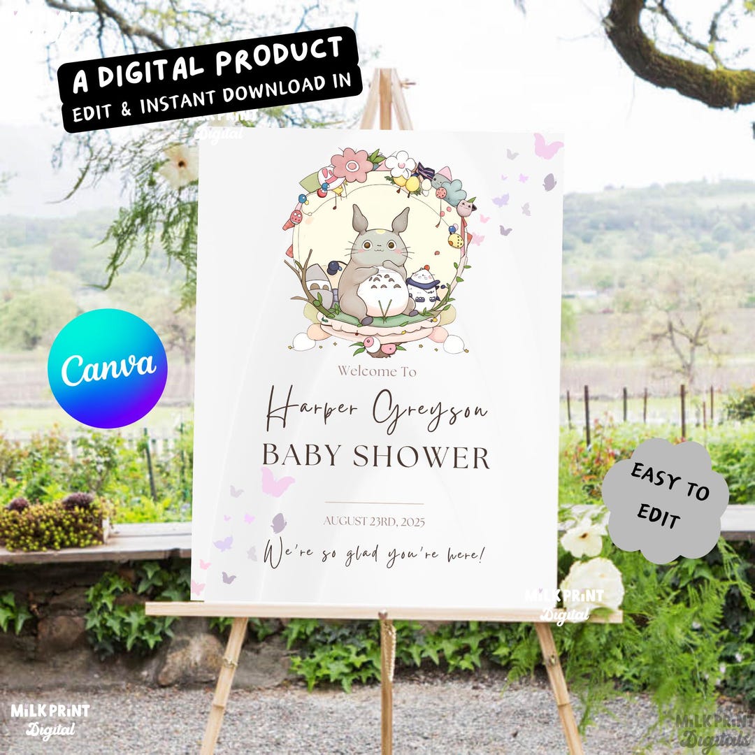 Editable Totoro Baby Shower Welcome Sign, Welcome Template, Boho ...