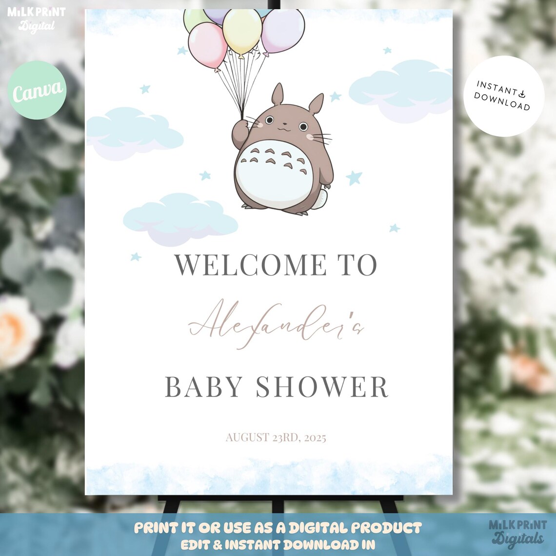 Editable Totoro Baby Shower Welcome Sign Blue Clouds Balloons Studio ...