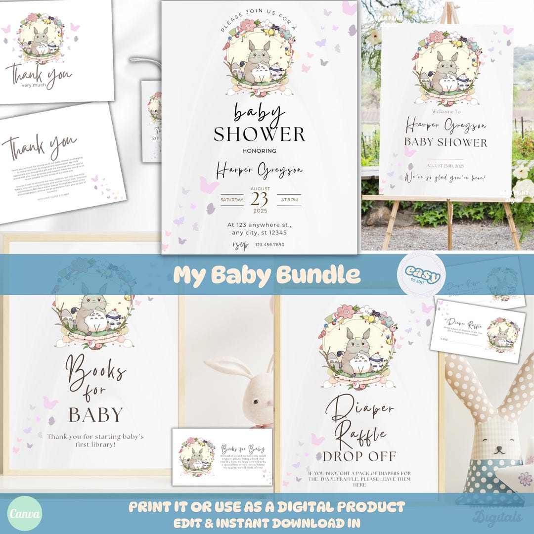 Editable Totoro Baby Shower Party Bundle Welcome, Invitation, Thank You ...