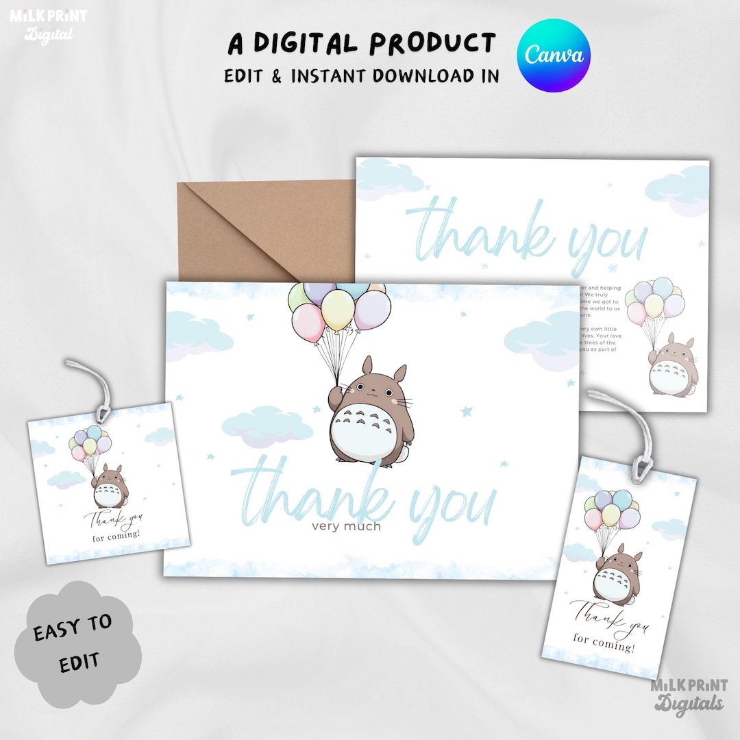 Editable Totoro-inspired Thank You Cards and Gift Tags Cute Cloud ...