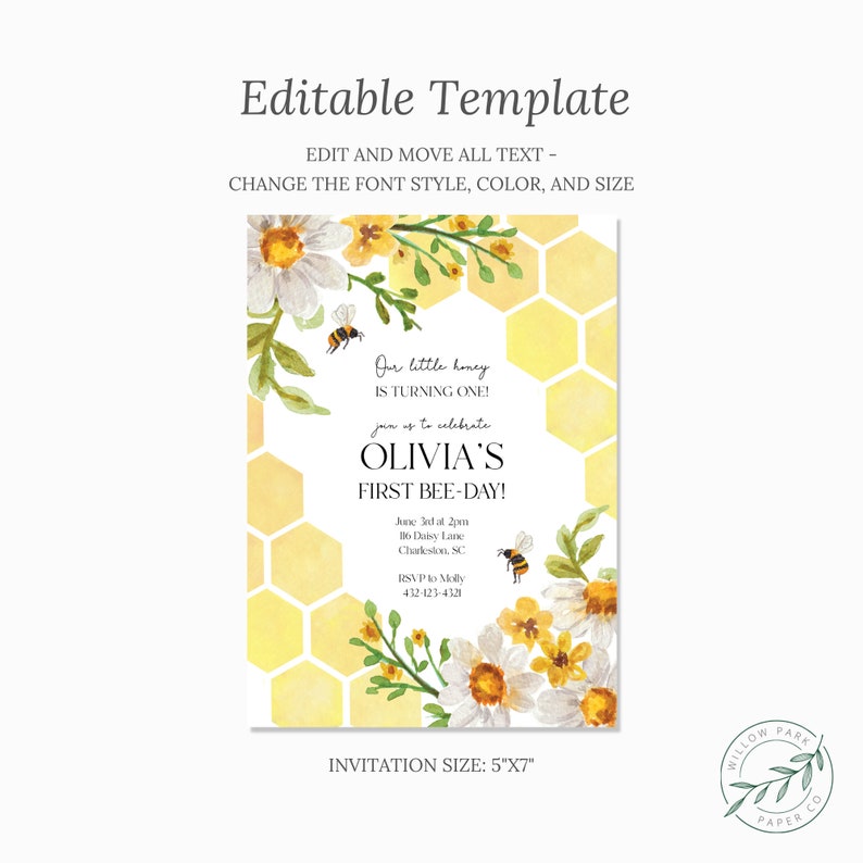 First Bee-day Birthday Party Invitation, Bees, Flowers, and Honeycomb ...