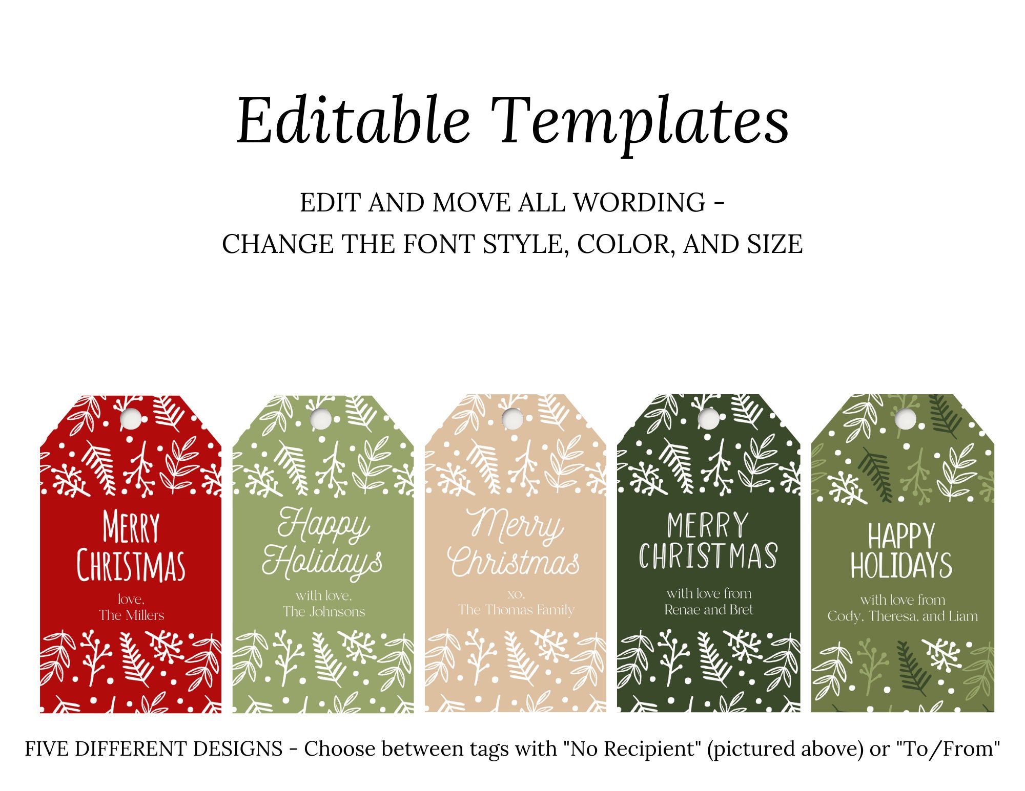 Editable Christmas and Holiday Gift Tags, Five Different Designs ...