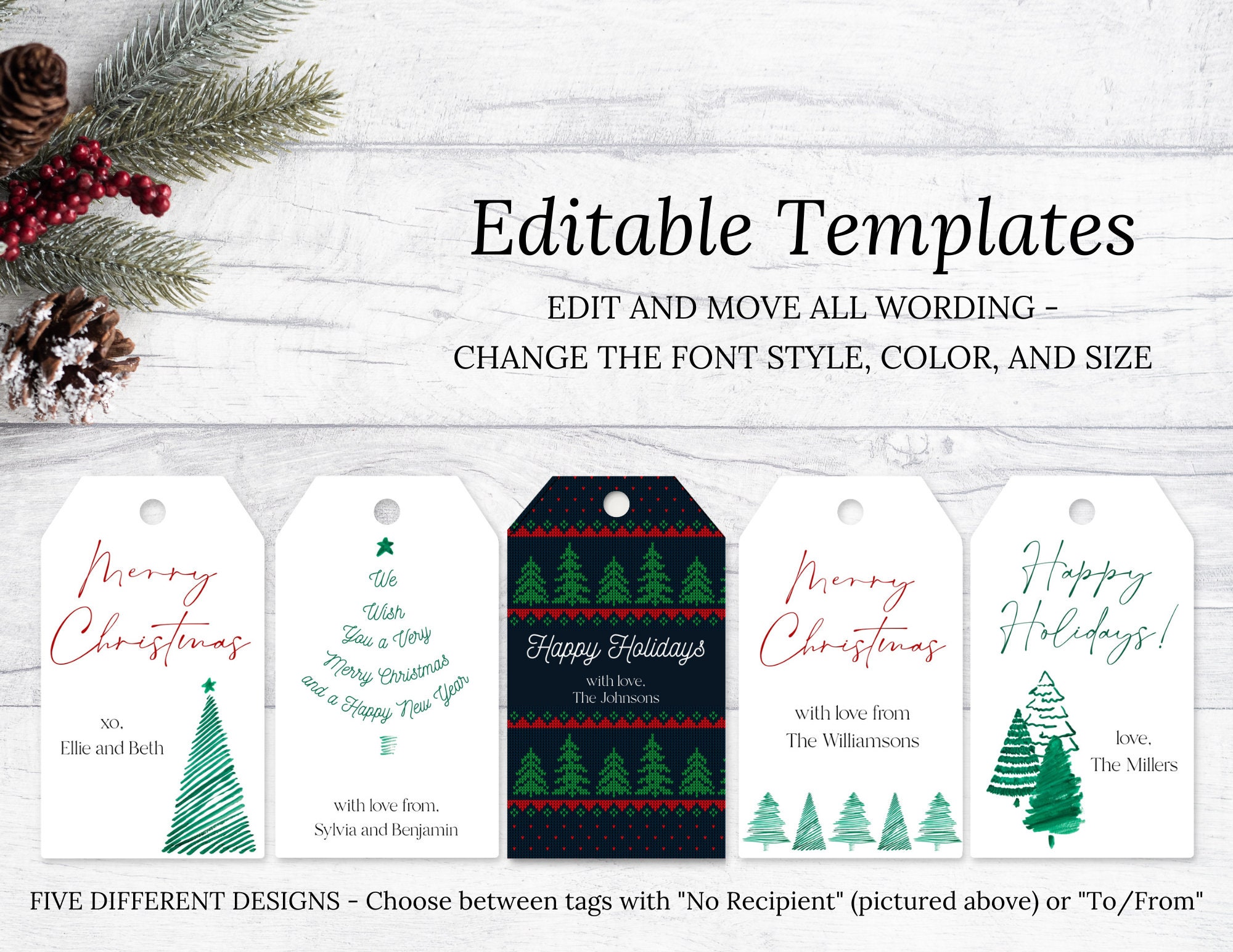 Editable Christmas and Holiday Gift Tags, Five Different Designs ...