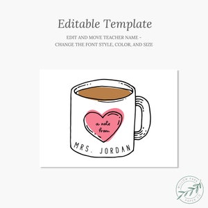 Personalized Teacher Note, Editable Stationery, Coffee Mug, Teacher ...