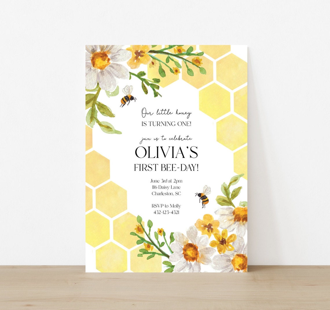 First Bee-day Birthday Party Invitation, Bees, Flowers, and Honeycomb ...