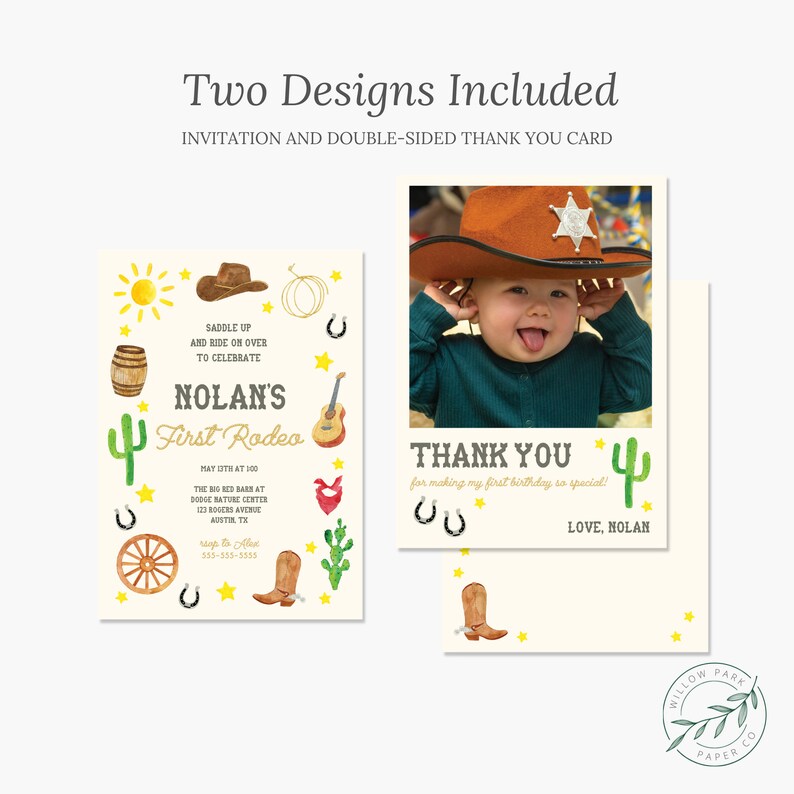 First Rodeo Birthday Invitation Set: Cowboy Photo Thank You Card ...