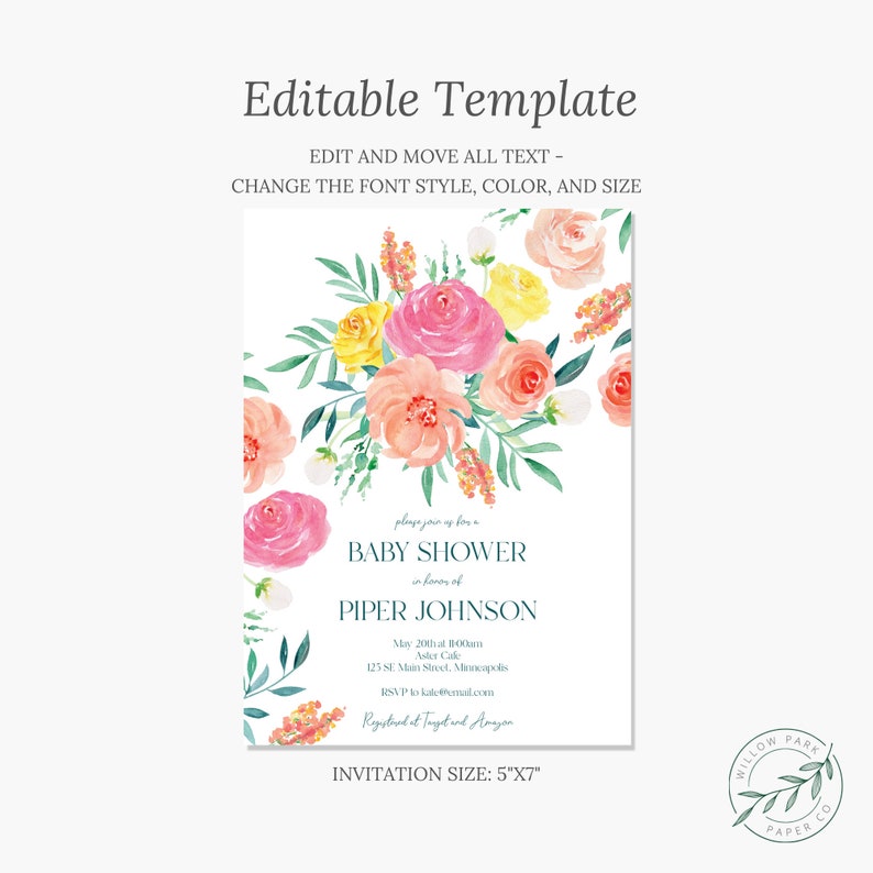 Spring Floral Baby Shower Invitation Set, Peonies and Roses, Pink ...