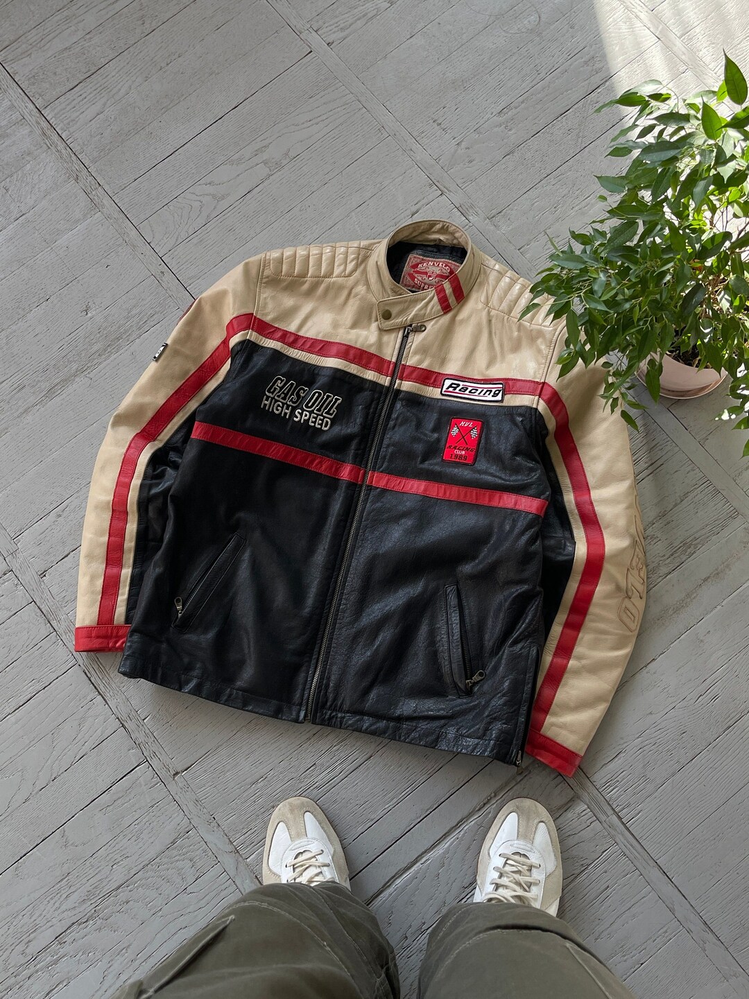 Vintage Men's Y2K Racing Leather Motorcycle Jacket Beige Red Black Size ...