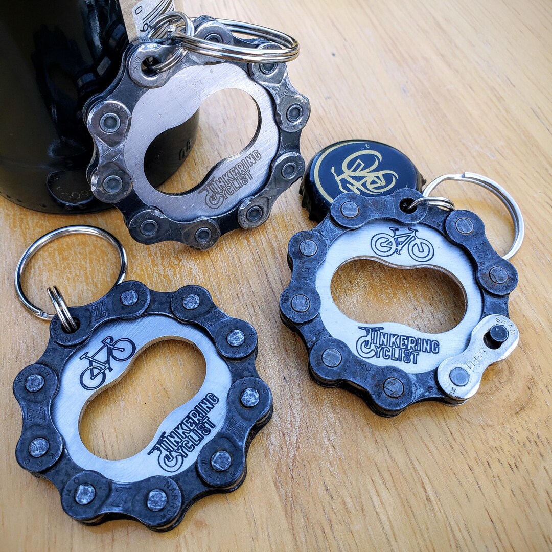 Upcycled Bike Chain Bottle Opener Keychain, Engraved for Cyclists, USA ...