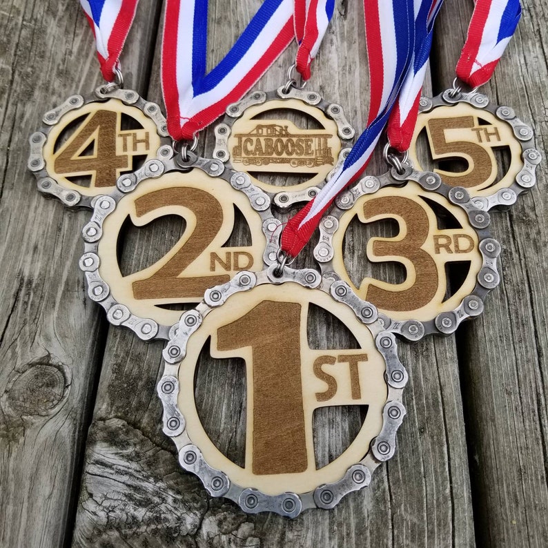 Race Medals W/ Upcycled Bike Chain, Laser Cut Wood, Bicycle Awards ...