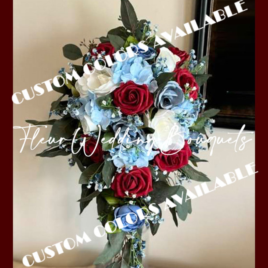 SILK Cascade Ruby Red Dusty Blue Light Blue Cottage Roses - Etsy