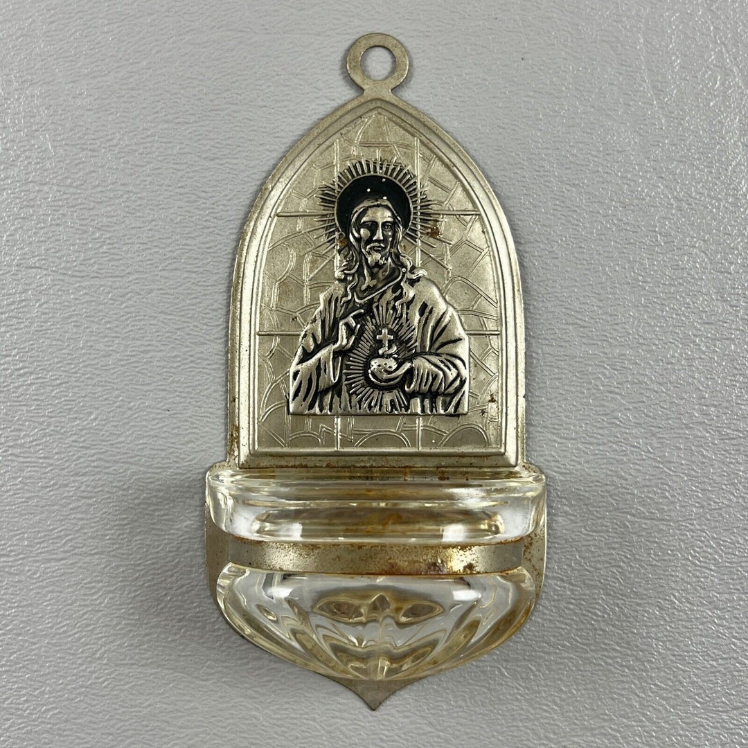 Vintage Holy Water Font the Scared Heart of Jesus Glass & - Etsy