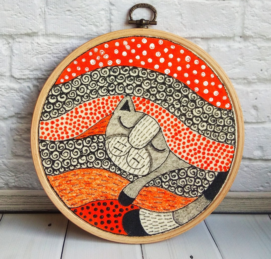 Hand Painted Ukrainian Cat Fabric Art Whimsical Cat Lower Gift Cat ...