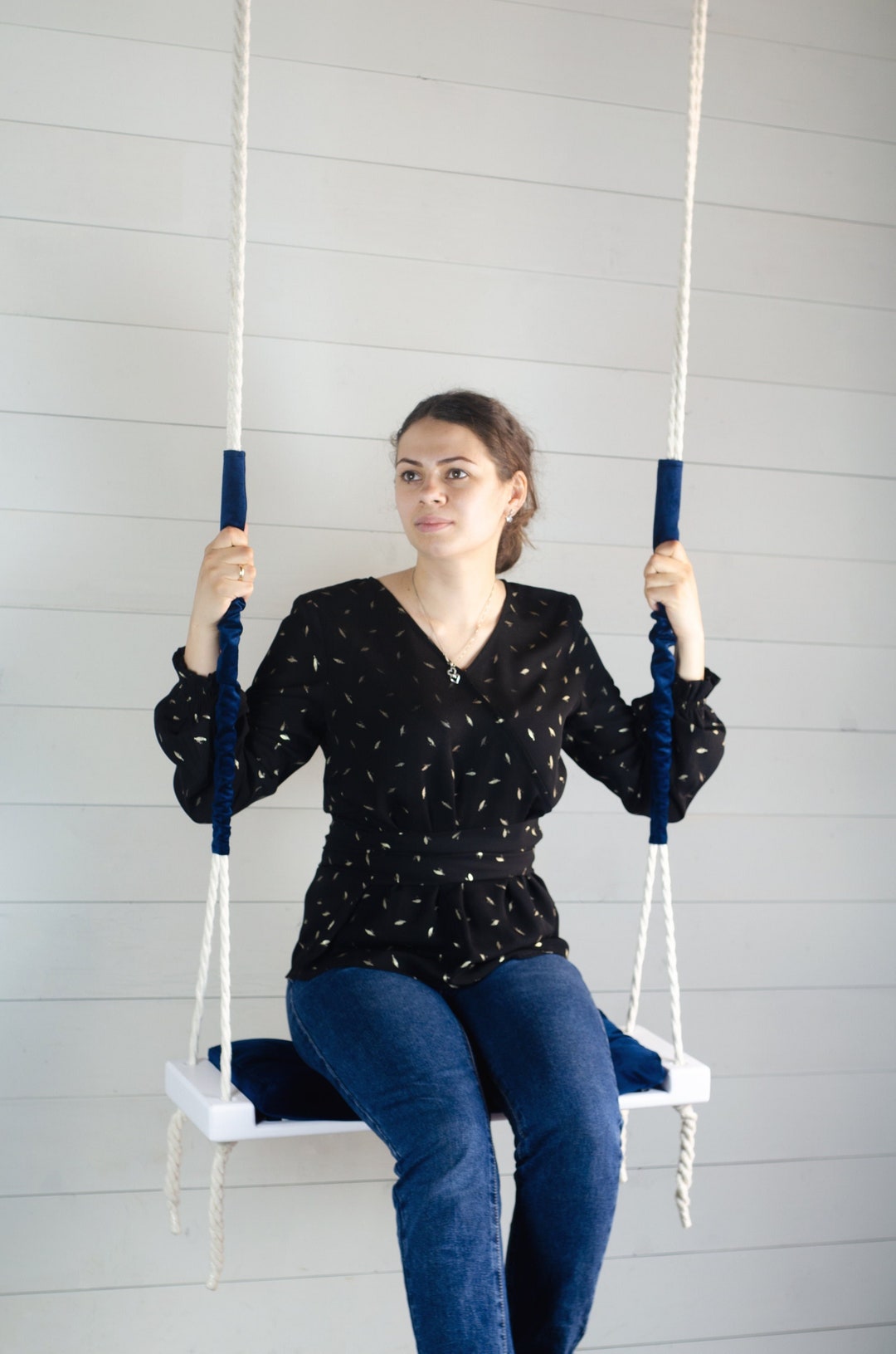 Wooden White Swing With a Blue Seat for Adults and Children, Adult ...