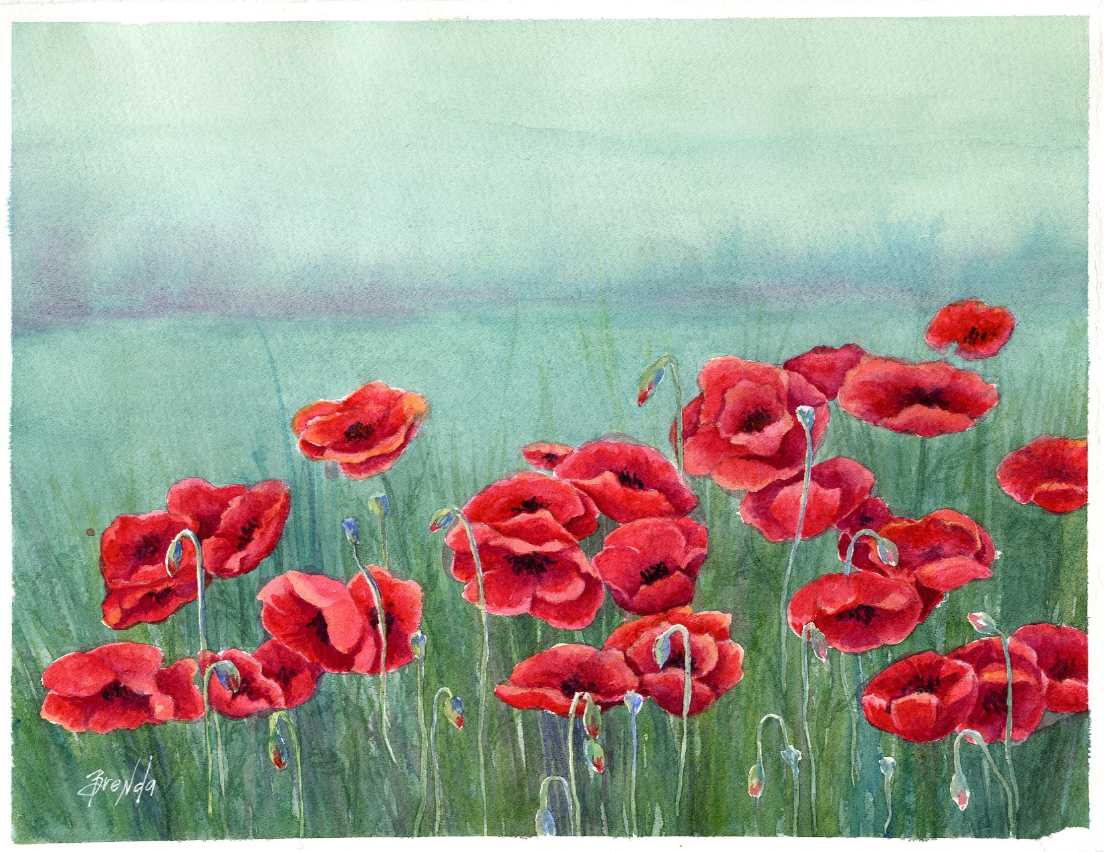 POPPY FIELD 2 watercolor art print with white borders | Etsy
