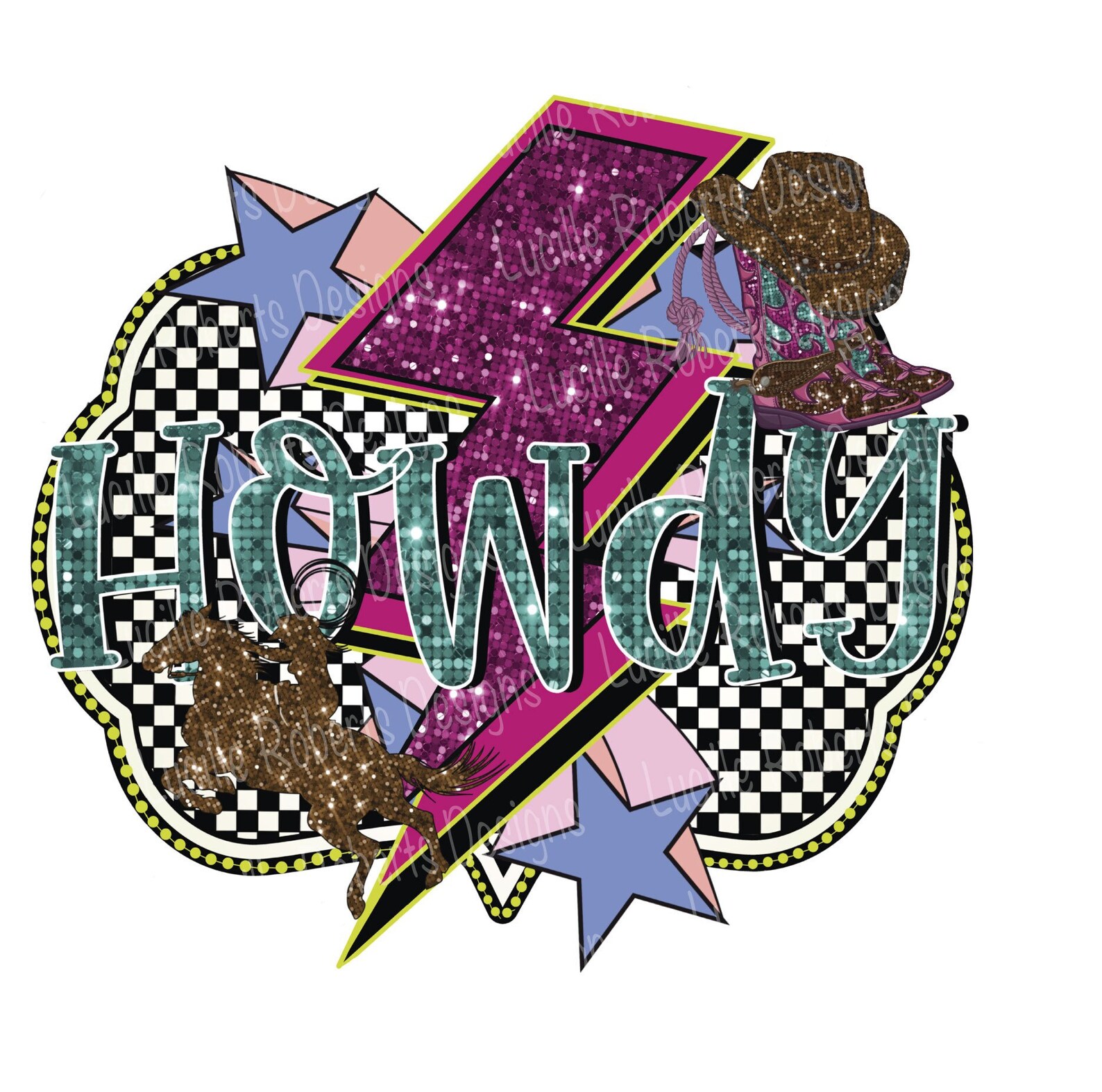 Howdy Pink and Turquoise Glitter Png, Retro Checkered Frame, Lightning ...