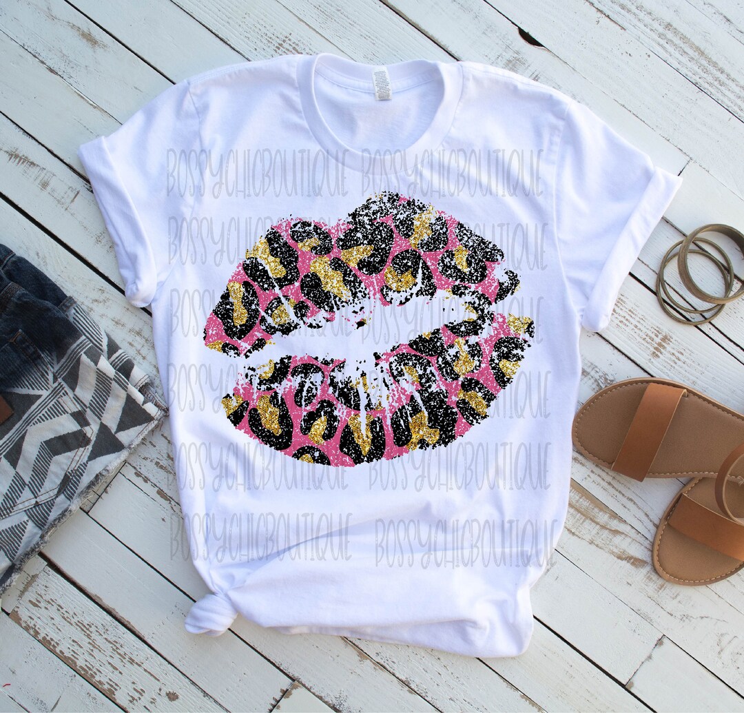 2 Distressed Pink and Gold Leopard Lips, Sublimation Design, DTG ...