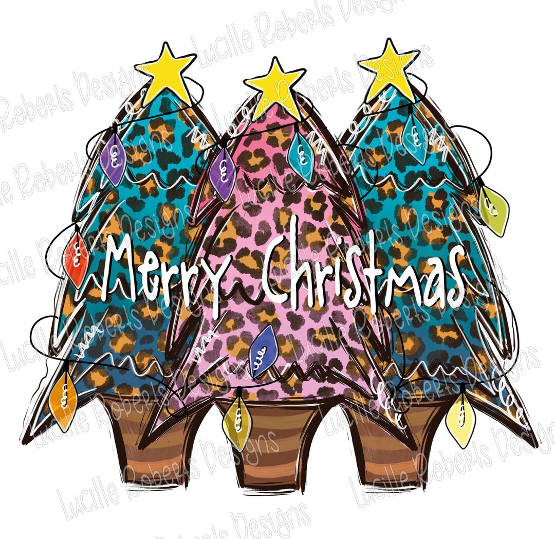 Leopard Christmas Trees Png, Hand Drawn, Christmas Png, Pink and Blue ...