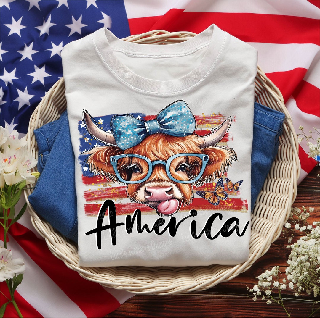4th of July Highland Cow, Funny 4th of July Png, American Flag Png ...