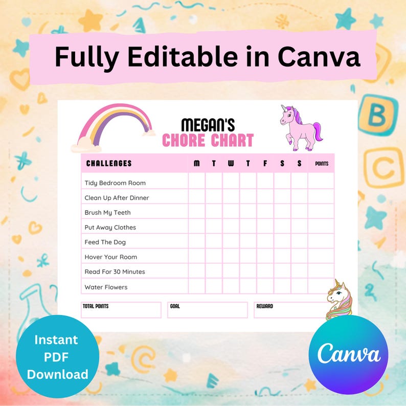 Unicorn Chore Chart Printable for Kids - Editable Canva Template ...