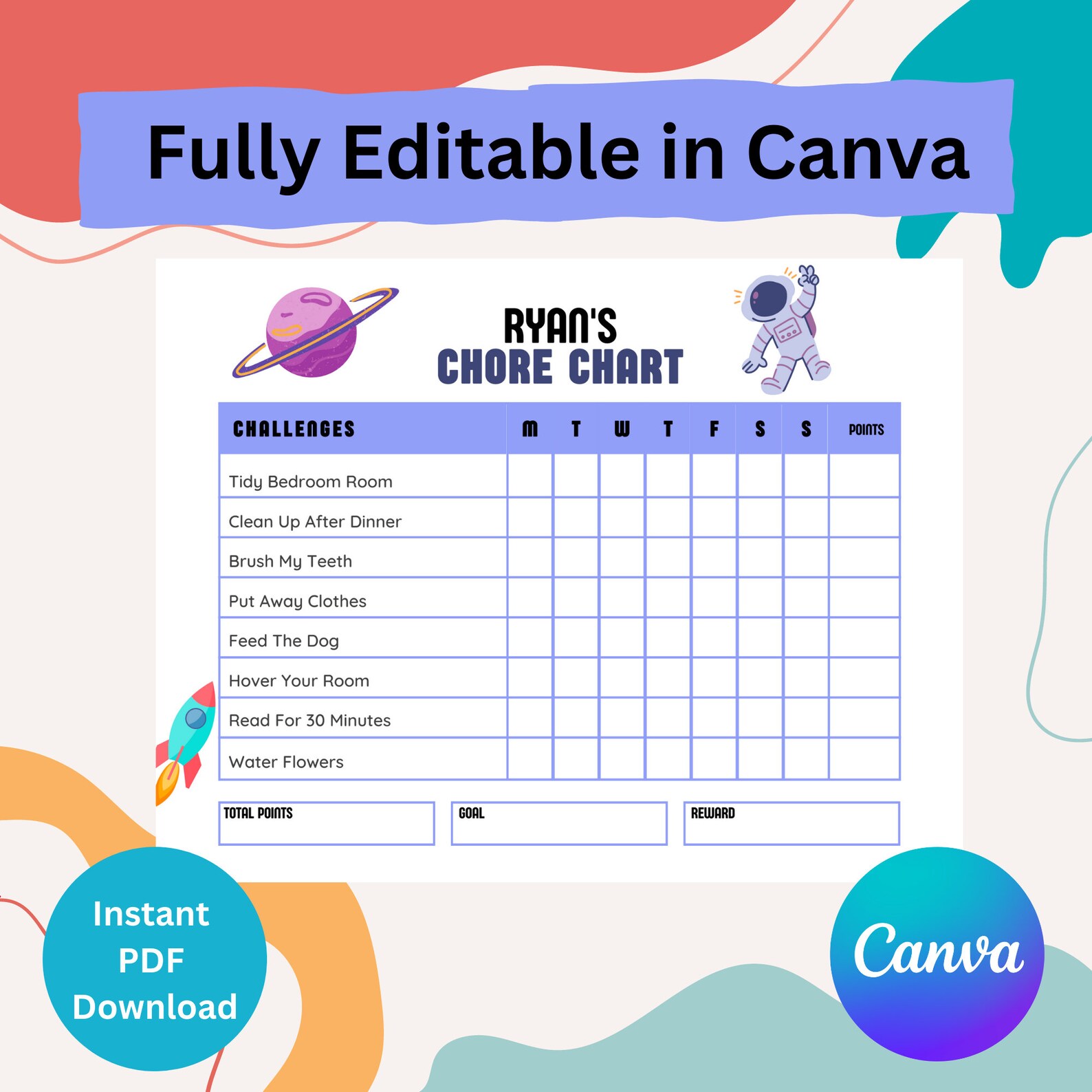 Space Chore Chart for Kids, Kids Chore Chart, Responsibility Chart ...