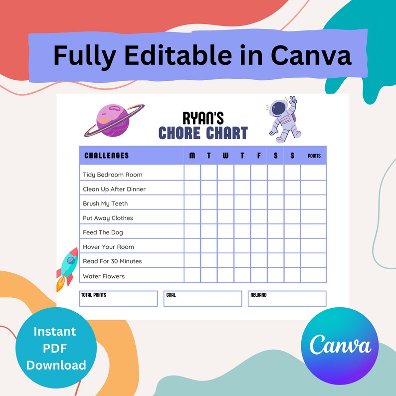Space Chore Chart for Kids, Kids Chore Chart, Responsibility Chart ...