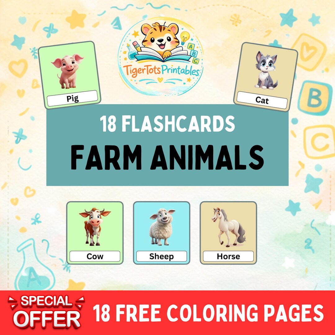 18 Farm Animals Montessori Flash Cards, Preschool Educational Rainbow ...