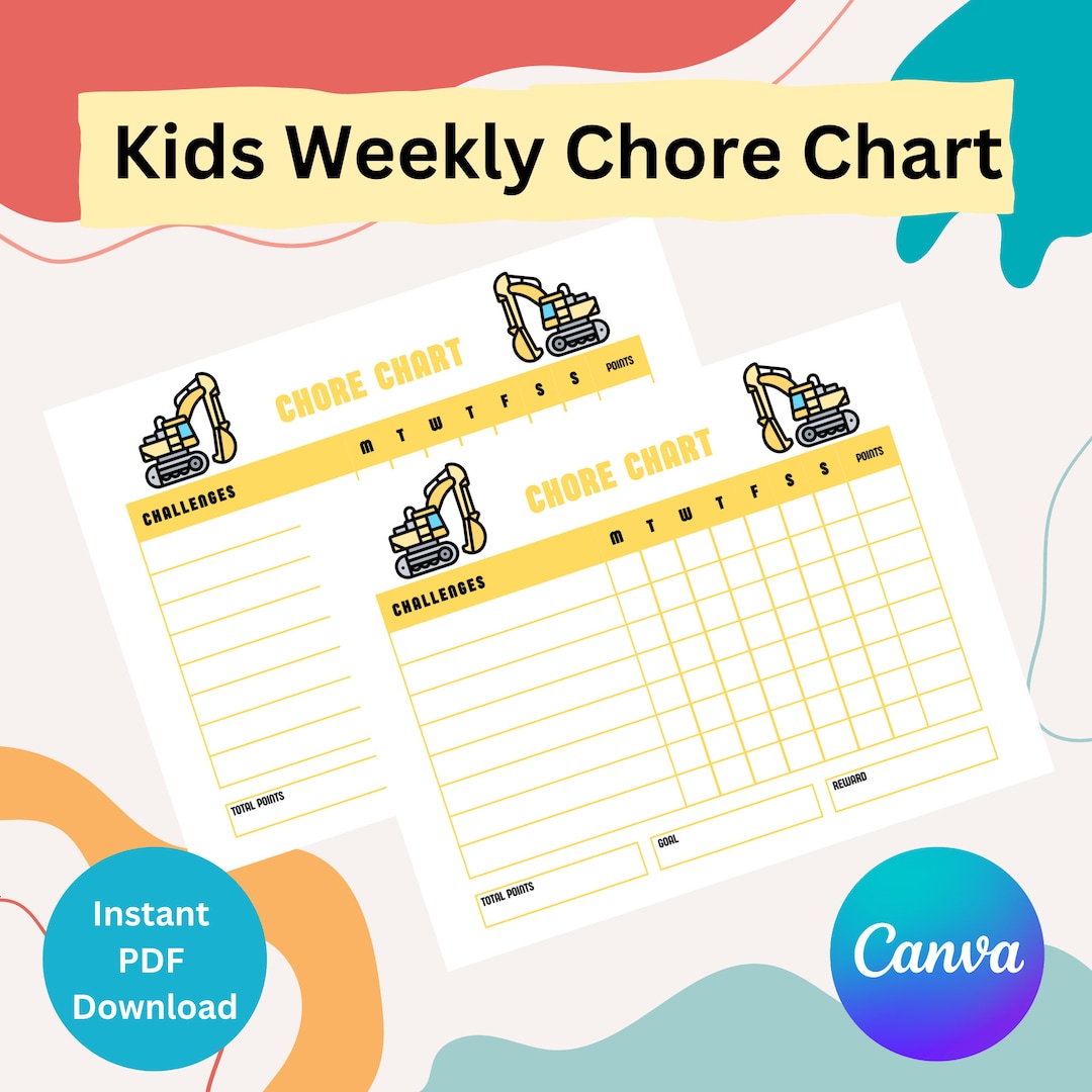 Digger Chore Chart for Kids, Kids Chore Chart, Responsibility Chart ...