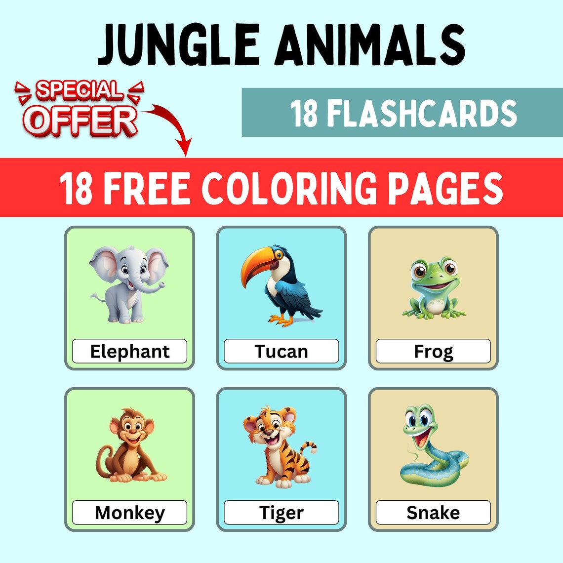 18 Jungle Animals Cards, Montessori Flash Cards, Pre-school Cards ...
