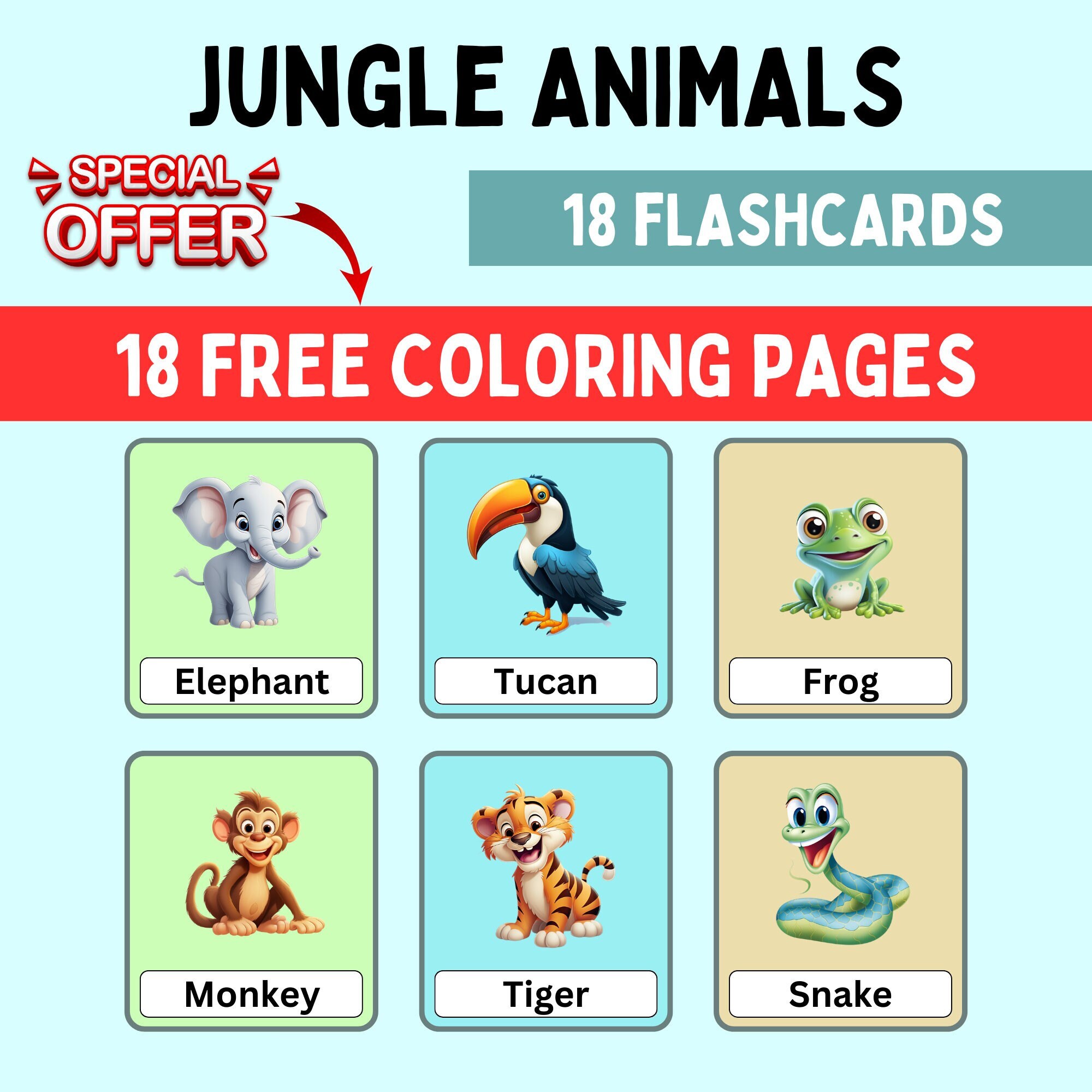 18 Jungle Animals Cards, Montessori Flash Cards, Pre-school Cards ...