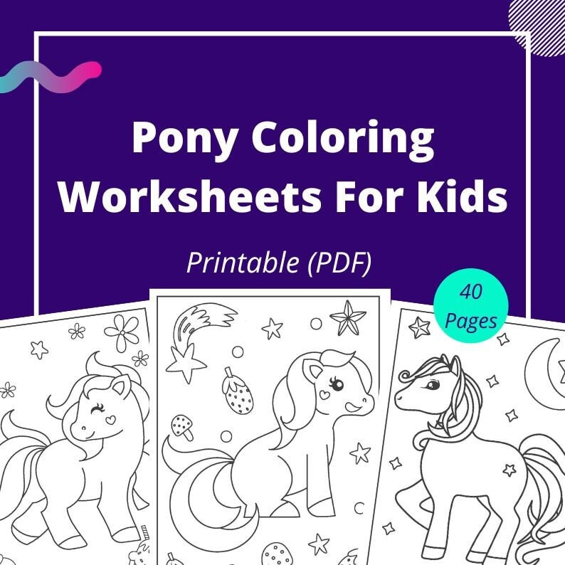 Kids Pony Coloring in Worksheets 40 Page Colouring Book | Etsy