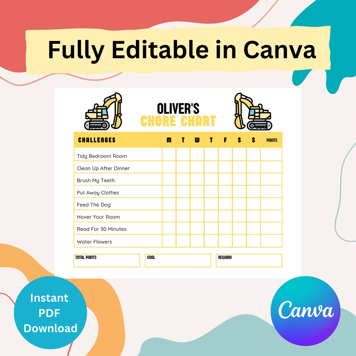 Digger Chore Chart for Kids - Responsibility Tracker Printable Canva ...