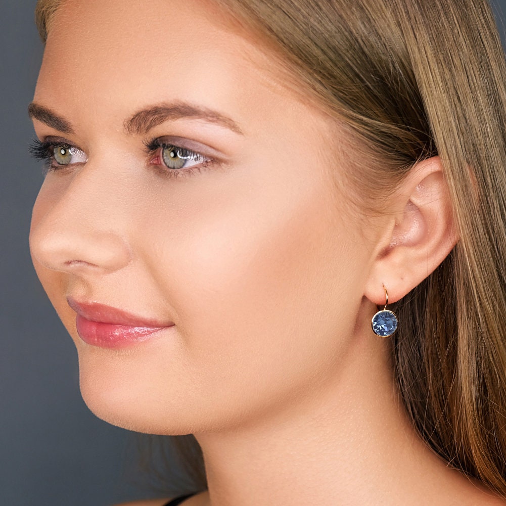 Ohrringe Gold Kristall Blau kurze Ohrhänger gold rund Denim Blue NOBEL SCHMUCK - Etsy.de