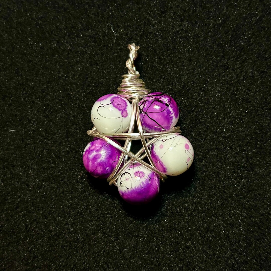 Silver Wire Pentacle Flower Pendant Necklace Purple & White Beaded ...