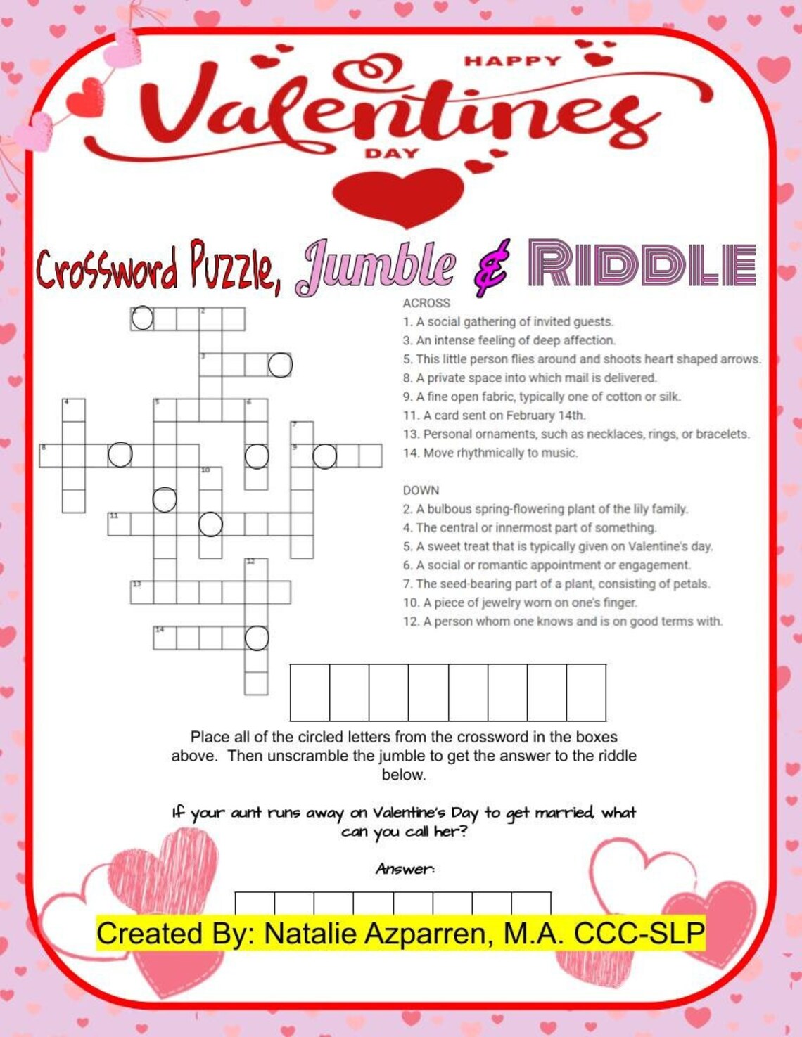 Valentine's Day Heart Themed Crossword Puzzle, Jumble, and Riddle ...