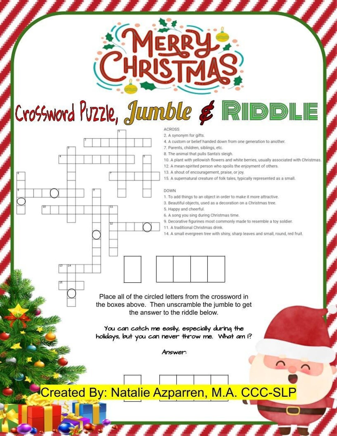 Christmas Crossword Puzzle, Jumble, and Riddle Jokes Activity Worksheet ...
