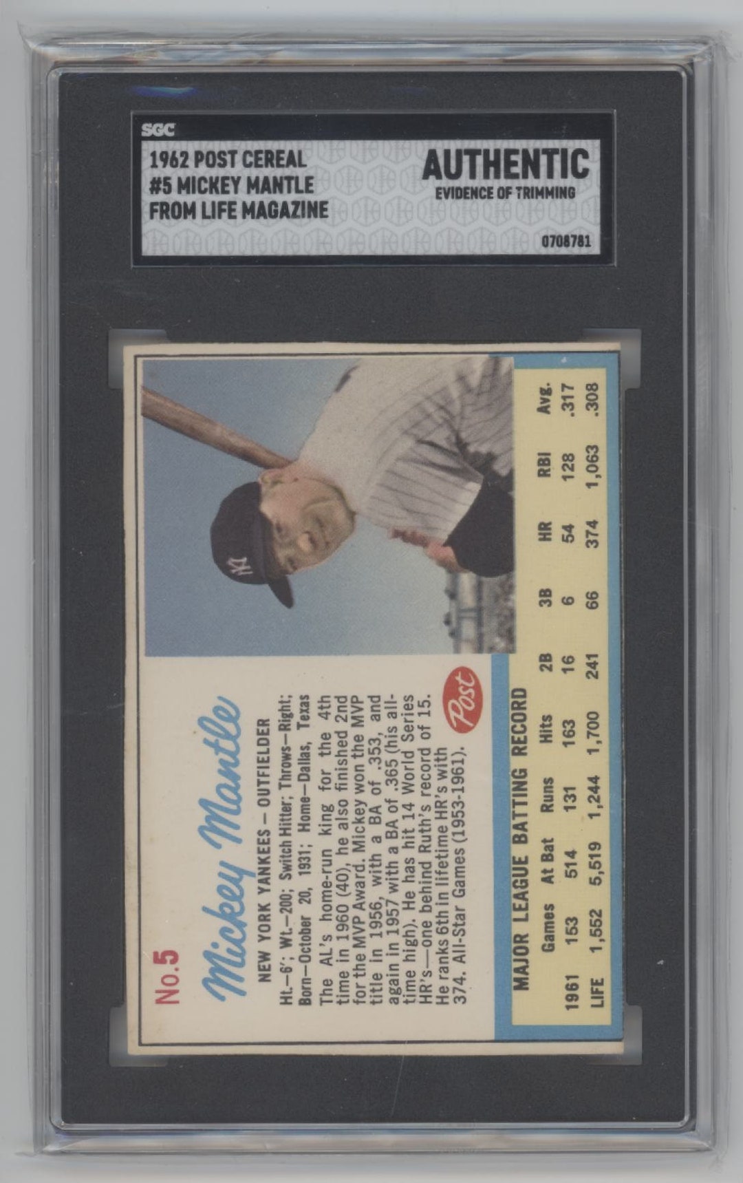 1962 Post Cereal (life Magazine) #5 MICKEY MANTLE SGC Authentic - Etsy