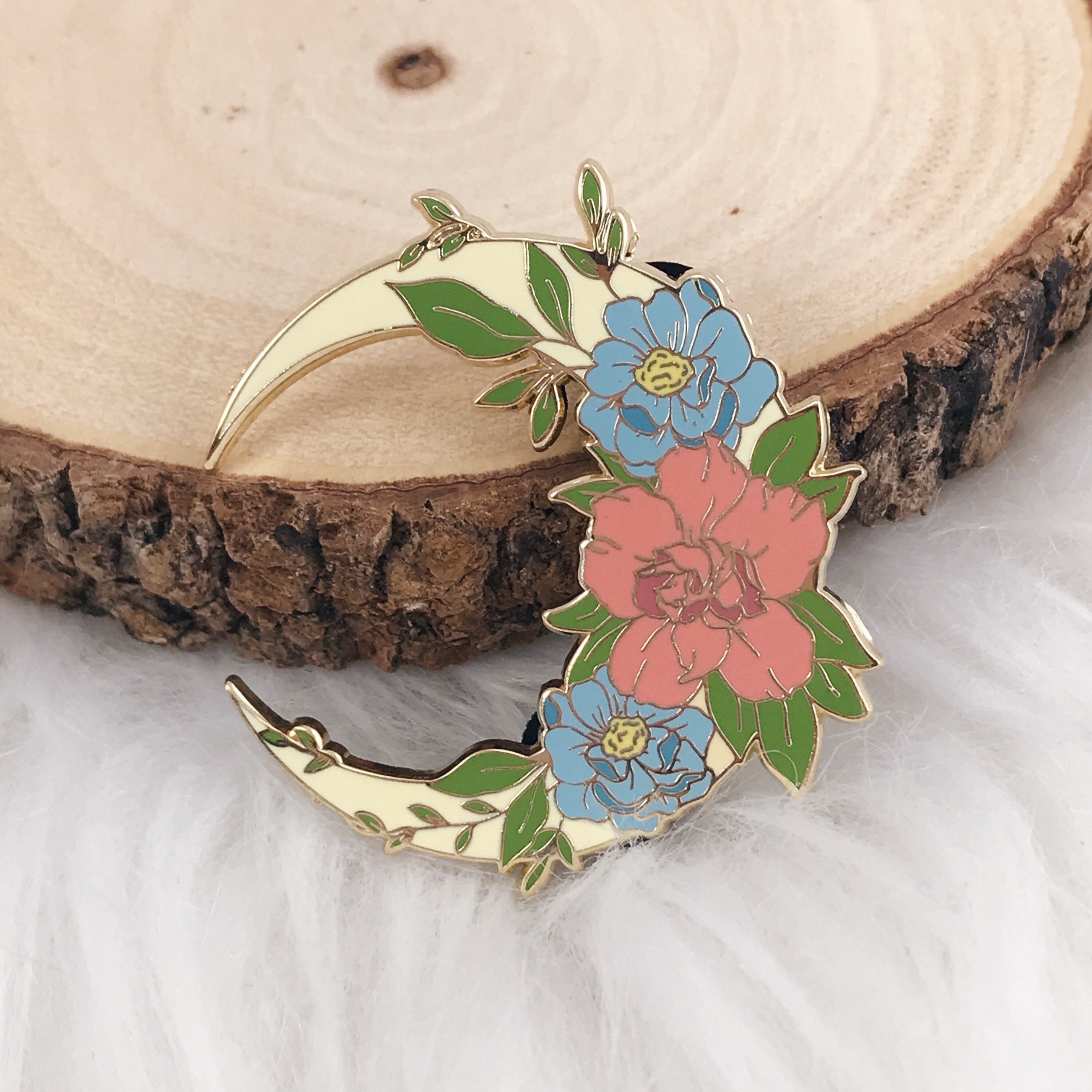 SECONDS SALE Floral Moon Enamel Pin Moon Pin Floral Pin - Etsy