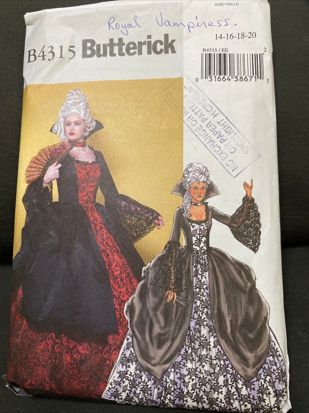 Butterick Pattern B4315 1850s Royal Gown/vampiress Size 14-16-18-20 ...