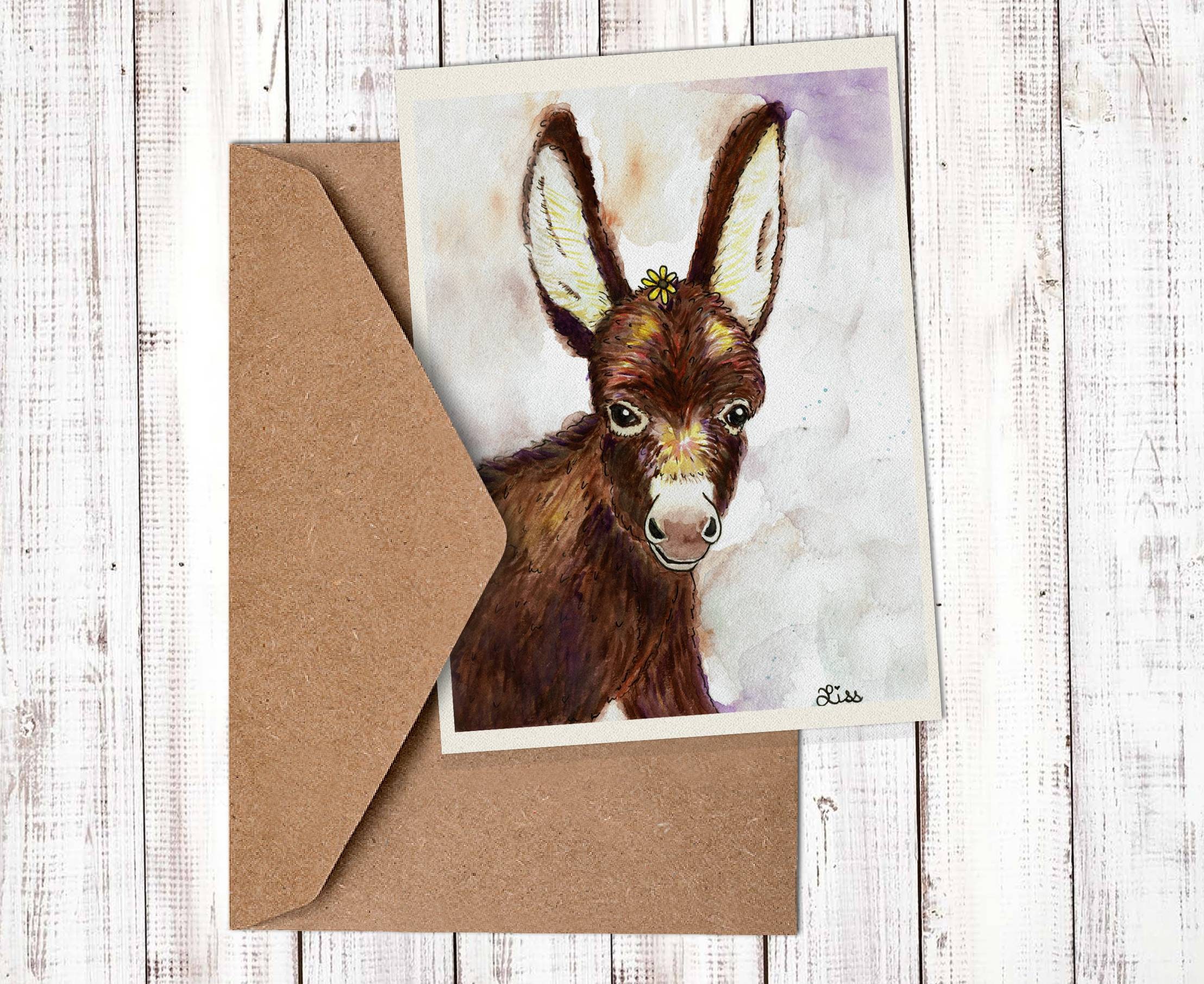Handpainted Watercolor Donkey Greeting Card or Art Print | Etsy