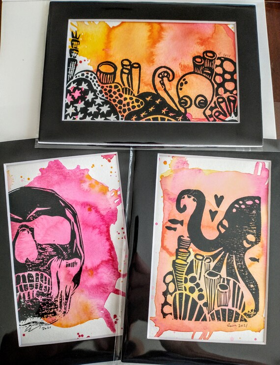 Prints Art & Collectibles Coral Reef Watercolor Print Linocut Linoleum ...