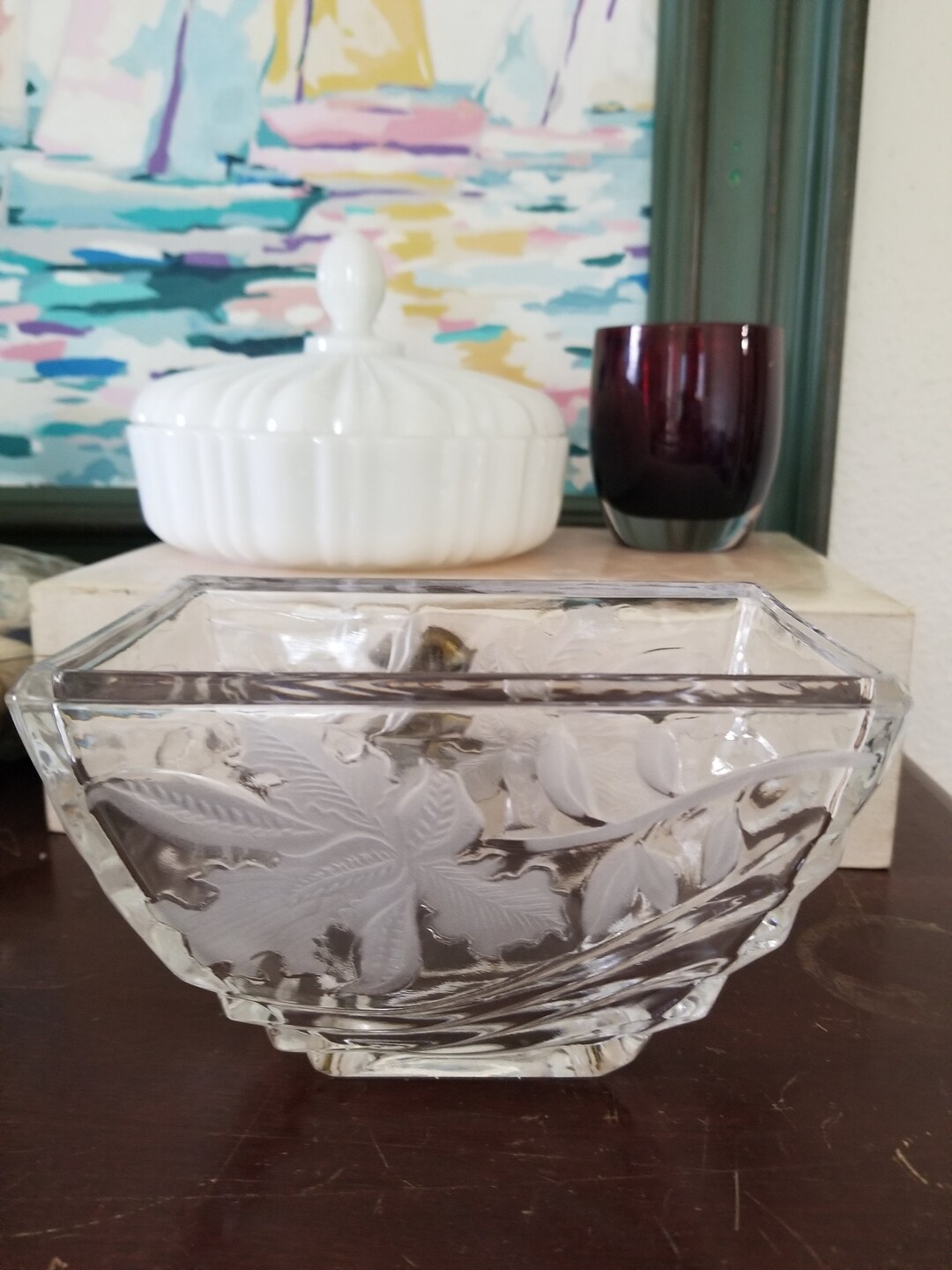 Vintage FTD 1989 24% Lead Crystal Rectangle Etched Flower Bowl Vase ...