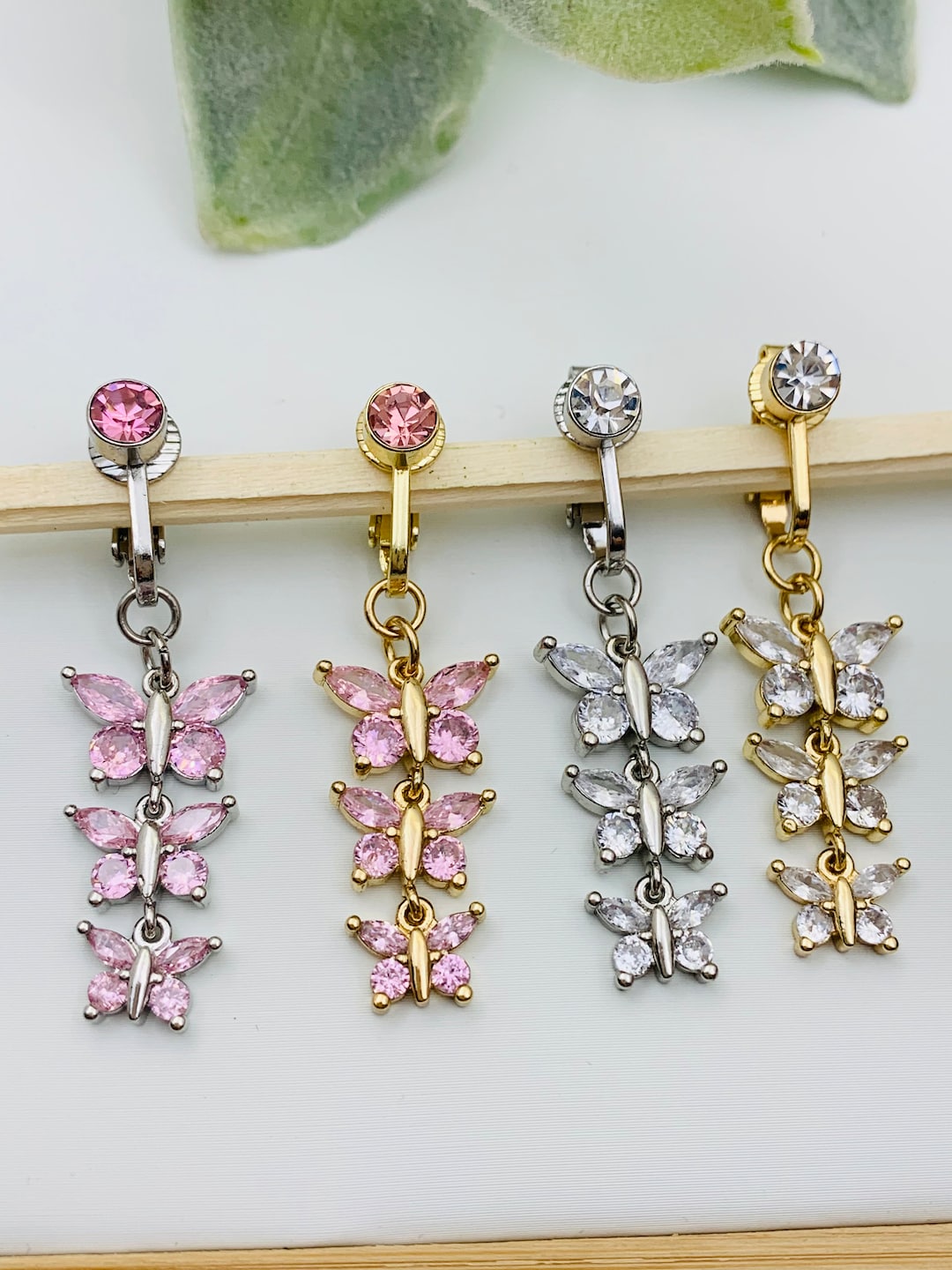 Butterfly Dangle Belly Ring, Fake Belly Ring, Fake Belly Button, CZ ...
