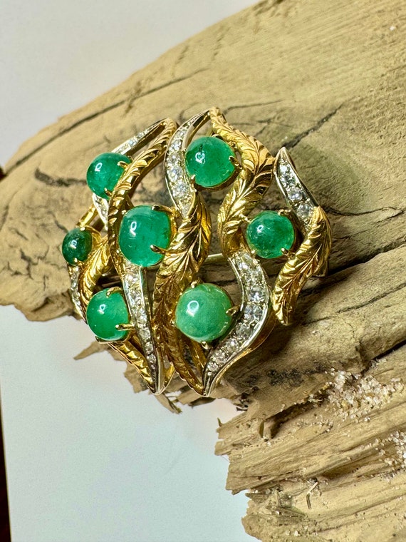 Vintage Emerald Cabochon Brooch, 18k Yellow and White… - Gem
