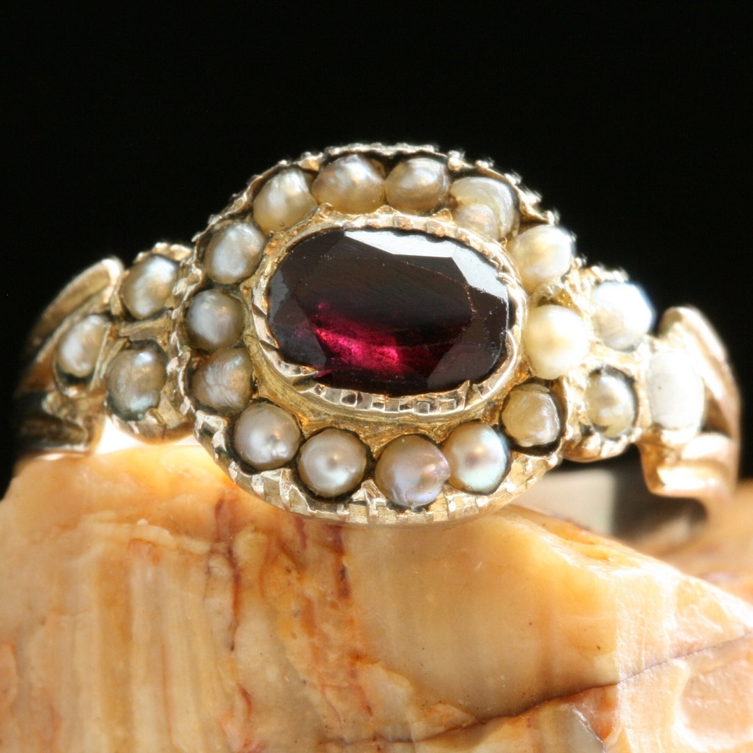 Antique Gold Garnet Ring, Georgian 1700s Ring, Seed Peal Ring, Antique ...