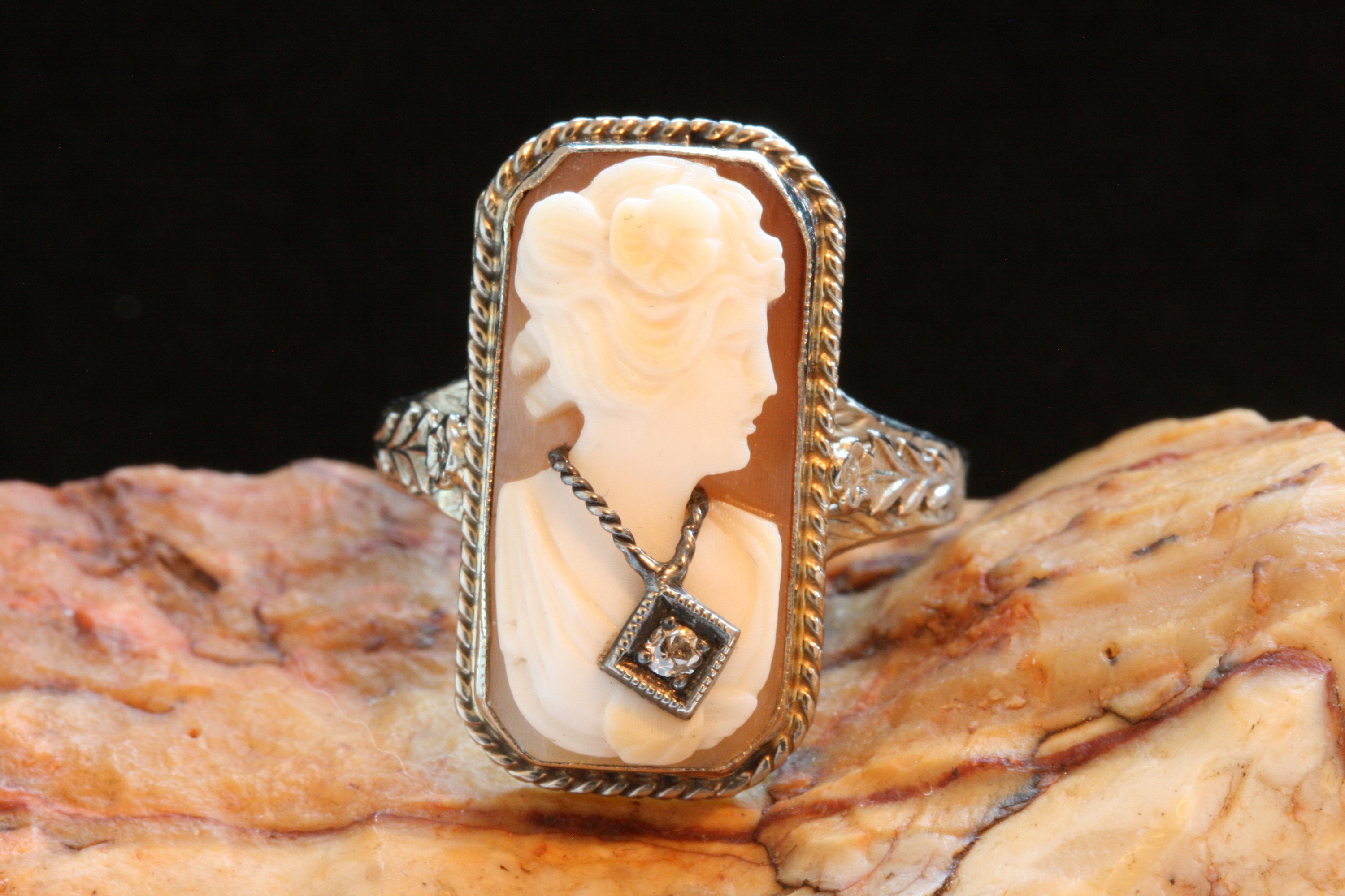 Gold Antique Cameo Ring 14k White Gold 03 Natural Diamond Etsy