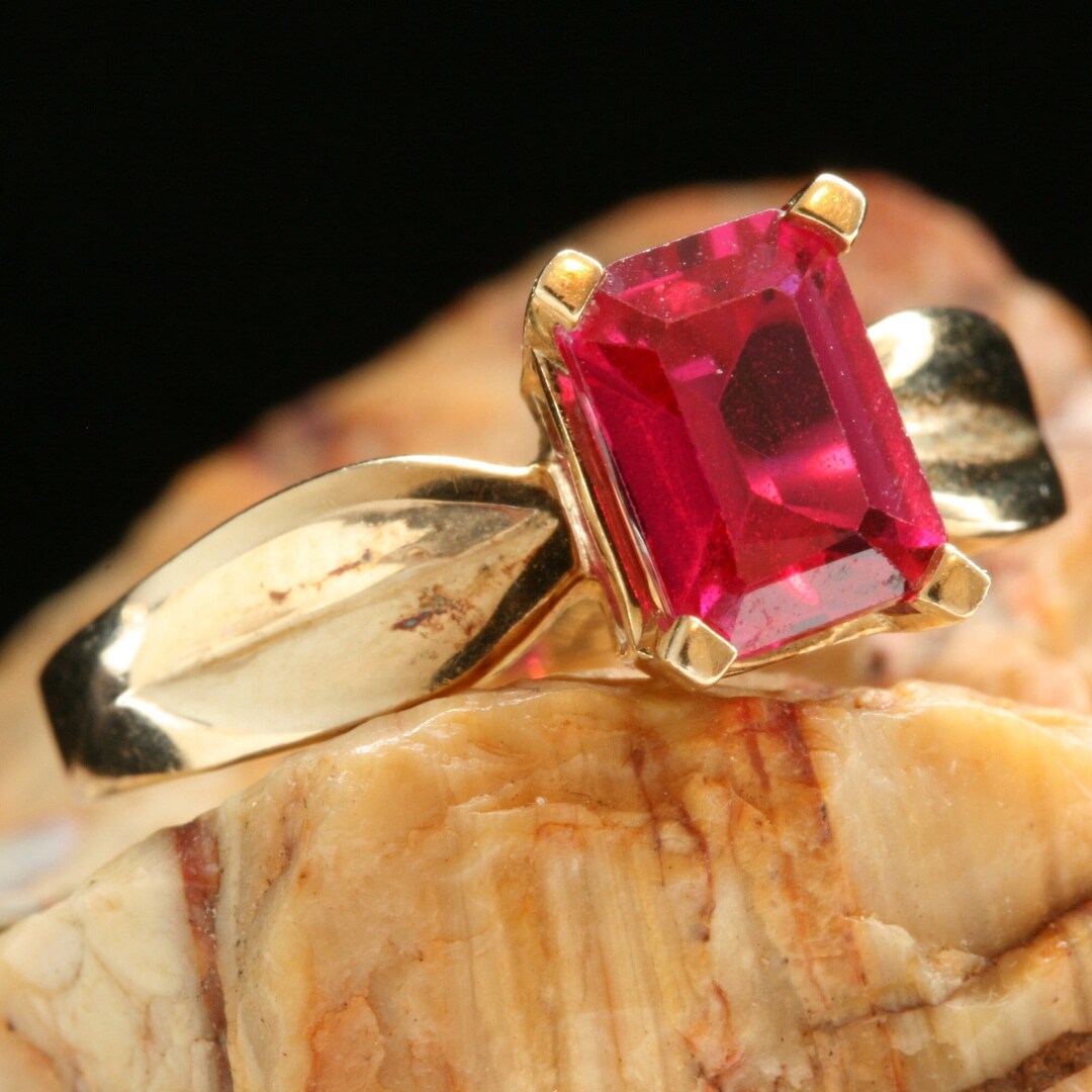 Vintage Ruby Gold Ring, 10k Gold Ring, 1.7ct Emerald Cut Solitaire ...