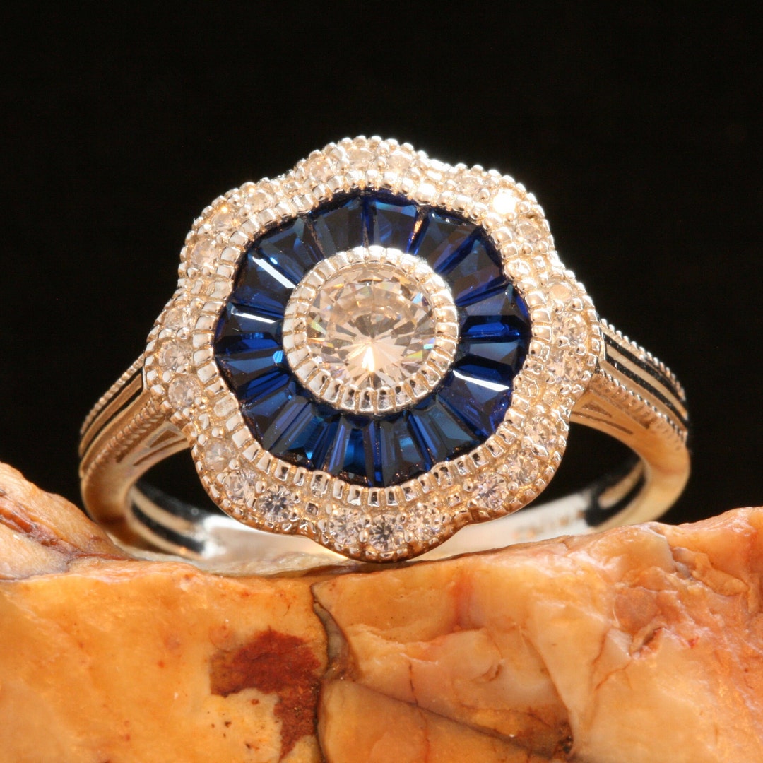 Vintage Sterling Silver Spinal Ring: Blue CZ Flower Statement Ring - Etsy