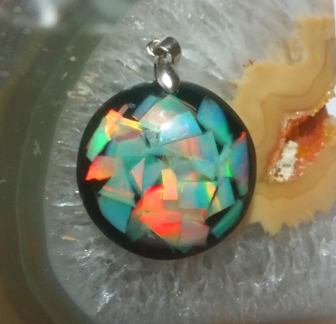 Necklace Pendant, Synth. Opal, Round, Rainbow - Etsy